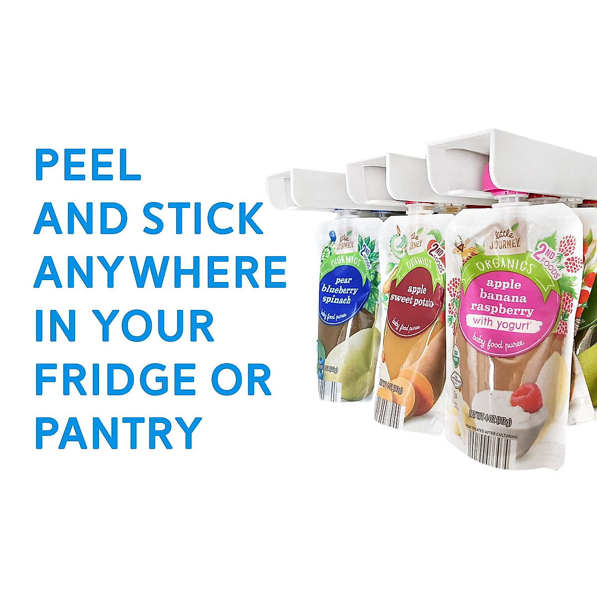 Storage Theory Food Pouch Slider Organizer for Kitchen Pantry, Cabinet and Refrigerator - Peel and Stick Storage for Applesauce, Yogurt, Baby Food Pouches - 6 pk