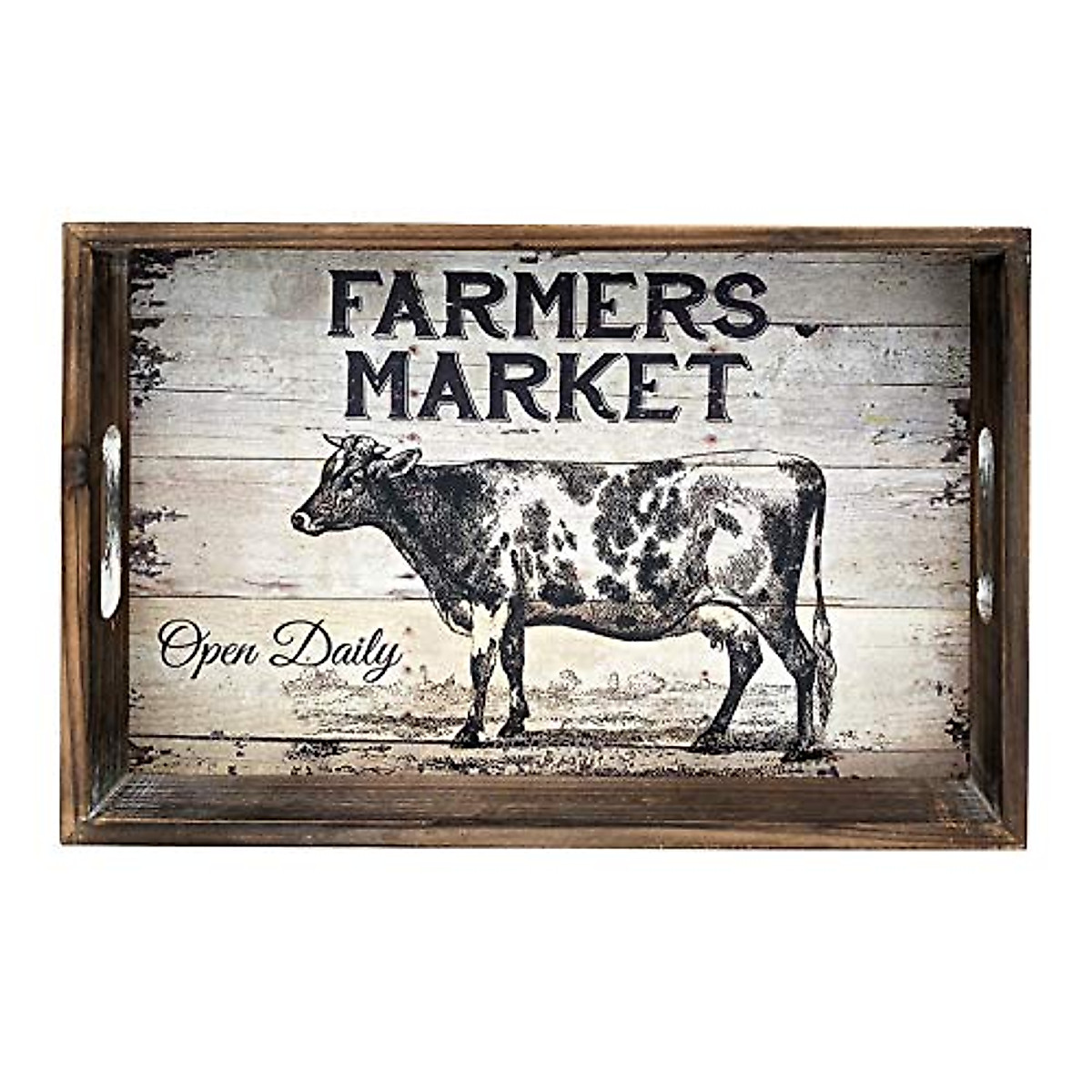 DeliDecor Large Decorative Serving Trays with Handle, Set of 3 Nesting Rustic Wooden Organizer Distressed Farmers Market Farmhouse Decor with Cow Pattern, Coffee Food Platters, Open Daily 17"x12.5"