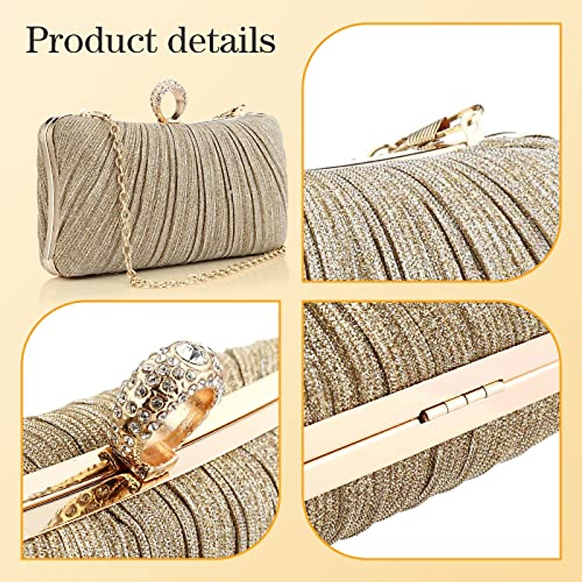 Clutch Purse for Women Pleated Glitter Evening Clutch Purses with Rhinestone Evening Bag for Bridal Wedding Party (Gold)
