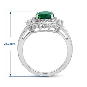 Jewelili Sterling Silver 9x7 MM Oval Cut Simulated Emerald and Tapper Baguette and Round Created White Sapphire Halo Engagement Ring, Size 7