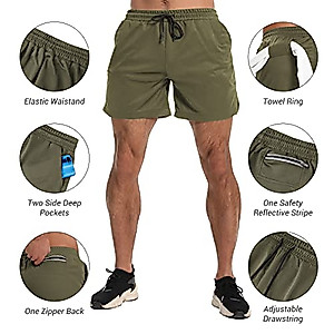KLINNFENR Mens Gym Running Shorts Quick Dry 5 inch Inseam Athletic Workout Training Shorts with Reflective Zipper Pockets Towel Loop,Army Green S
