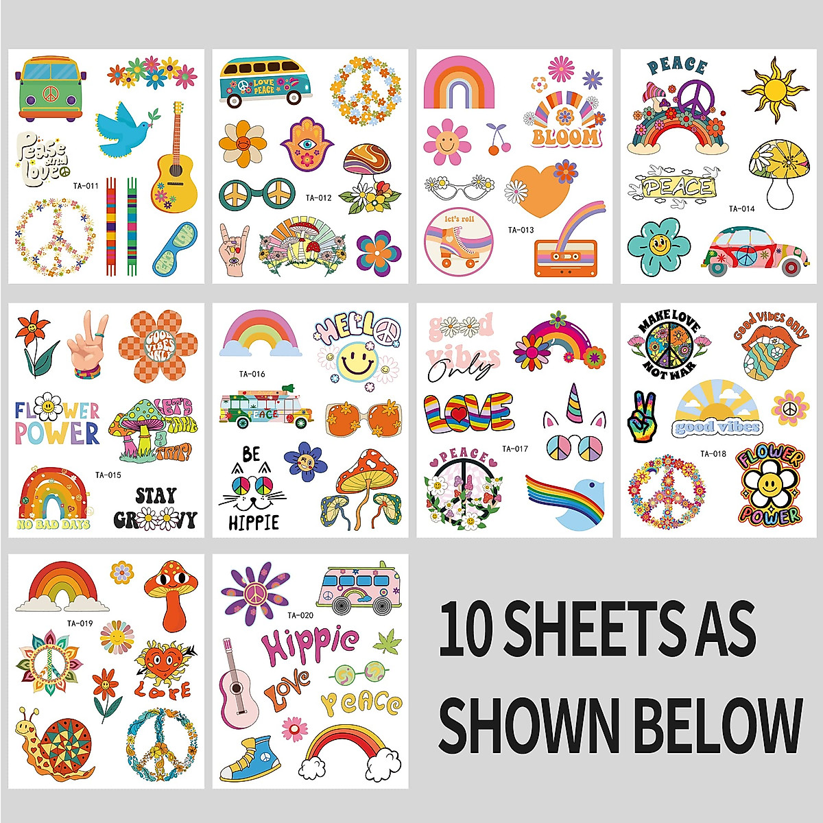 TATUWST Hippie Temporary Tattoos for man and Women Adult 70’s Groovy Hippie Love and Peace Rainbow Waterproof Face Body Waterproof Body Party Accessories,79 styles Tiny Removable Fake Tattoo stickers