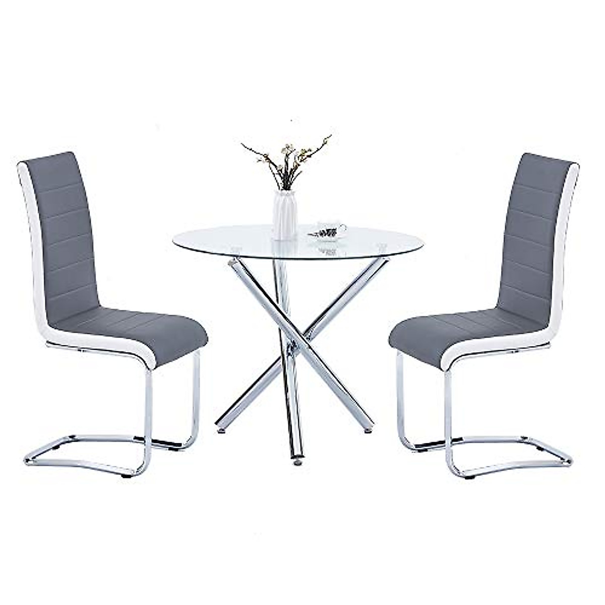 SICOTAS 3 Piece Round Dining Table Set for 2 Person, Modern Round Glass Table with Faux Leather High Back Dining Room Chairs,Dining Set for Dining Room
