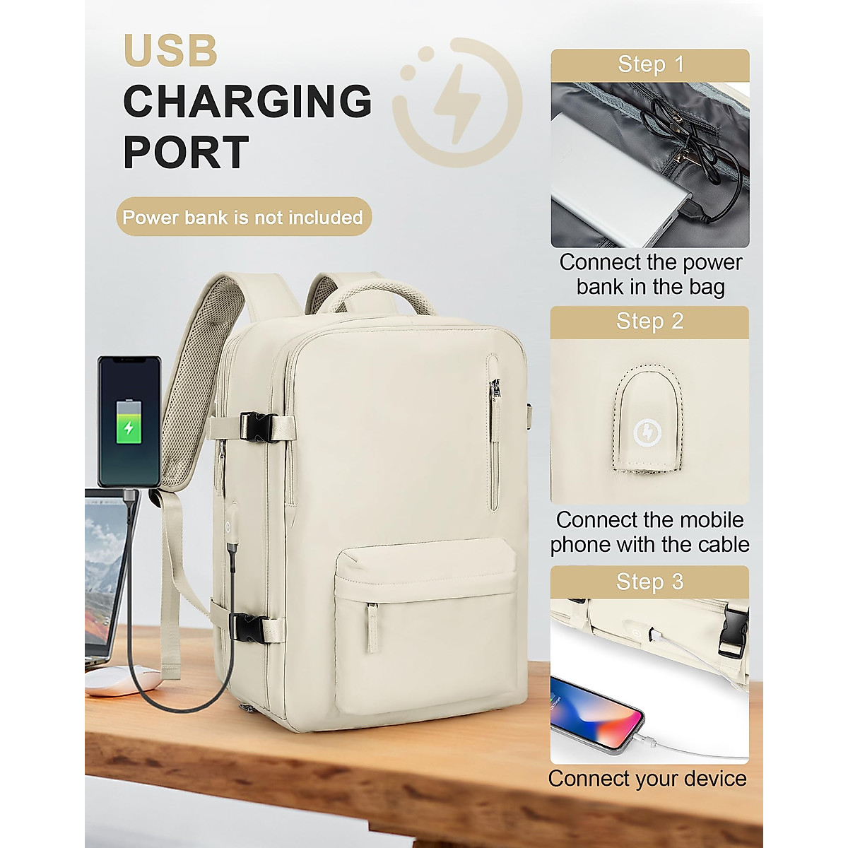 Large Travel Laptop Backpack, Expandable Flight Approved Backpack, Carry on Backpack for Women, Waterproof 17inch Laptop Hiking Backpack with Shoe Compartment, Beige