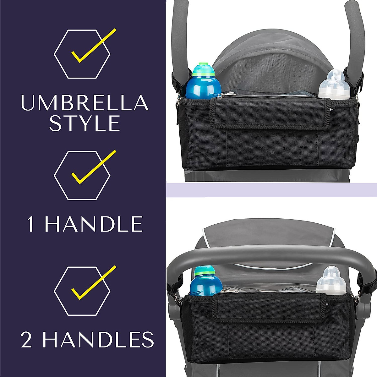 BTR Baby Stroller Organizer with Drink and Cup Holders, 2 Extra Stroller Hooks, Waterproof Cover, Shoulder Strap, Zipped Pocket. Fits all Strollers