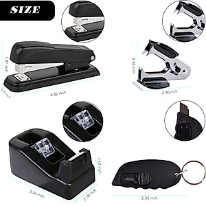 ChezMax Black Desk Accessory Kit Includes Stapler Staples Staple Remover Tape Dispenser Transparent Tape Scissors Push Pins Paper Clips Binder Clips Single Hole Punch Telescopic Knife Tape Measure