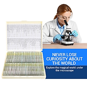 100 Prepared Microscope Slides with Specimens for Kids Adults - Bacterium, Fungus, Human Tissues, Mitosis, Plants, Insects, Animals Cells Samples for Biological Science Lab, School Students