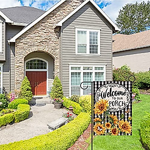 Covido Home Decorative Welcome to Our Porch Spring Sunflower Garden Flag, Summer Black White Buffalo Plaid Check Yard Outside Decoration, Autumn Farmhouse Outdoor Small Decor 12 x 18