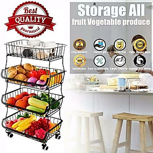 Fruit Vegetable Storage Basket for Kitchen - 4 Tier Stackable Metal Wire Baskets Cart with Rolling Wheels Utility Fruits Rack Produce Snack Organizer Bins