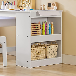 Haotian 2 in 1 Kid's Table and Chair Set, Art Table with Paper Roller, Paint Cups and Storage Shelves, Painting Table Set for Arts, Crafts and Writing, White, KMB60-W