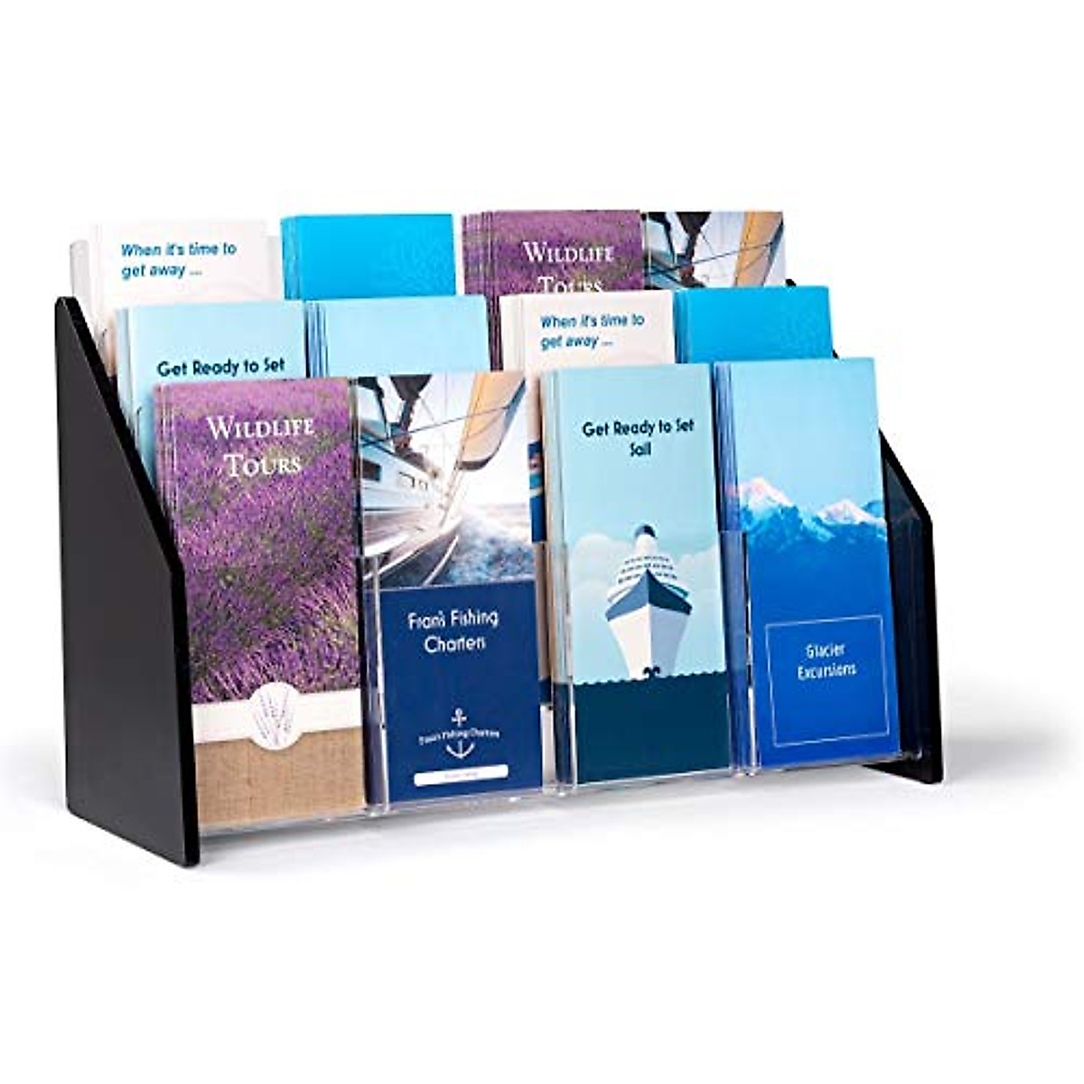 Tiered Leaflet Holder with 12 Pockets for 4x9 Brochures, Clear Plexiglas Brochure Rack for Tabletop Use with Black Acrylic Sides