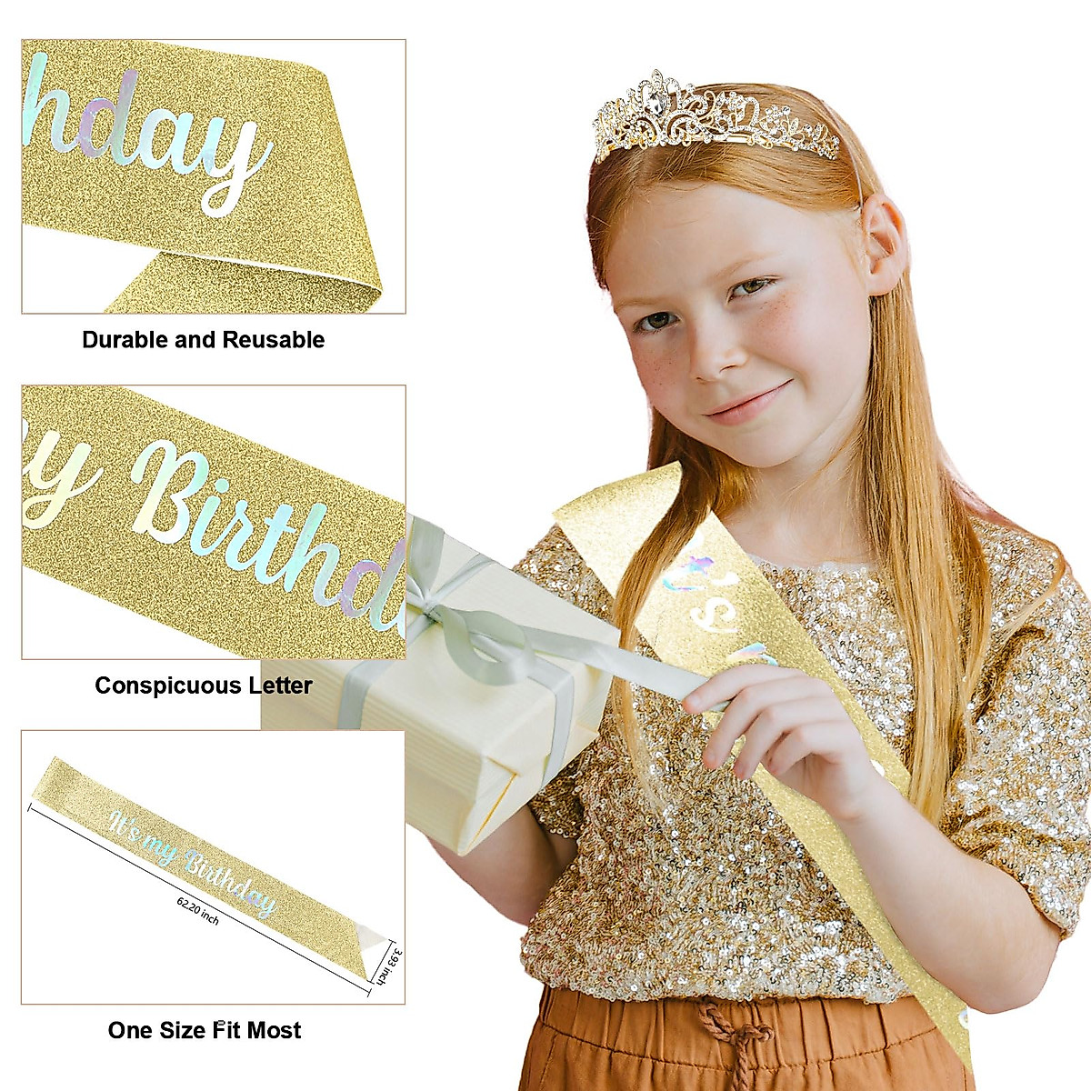 YISSION Birthday Girl Sash & Crown Gold Princess Tiara Crown for Women Girls Happy Birthday Queen Crown & Sash Birthday Tiaras & Crowns for Women Crystal Birthday Headband Birthday Party Decorations