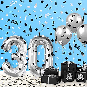 3000 PCS Black Silver 30th Happy Birthday Confetti Decorations with Diamonds Black Silver 30th Birthday Party Table Decor Metallic Foil Confetti Scatter for Men Women Birthday Anniversary Party DIY
