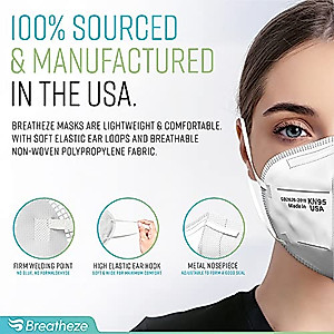 Breatheze KN95 Face Mask Made in USA Disposable Masks Breathable Face Mask Kn95 Mask White Facemask High-Filtration Protective Barrier Face Covering Elastic Ear Loops Adjustable Nose Clip 10 pack