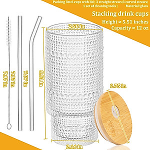 SogYupk Glass Cups Set with Straw/Bamboo Lid,12 oz Stackable Serving Drinking Glasses, Ideal for Whiskey/Cocktails/Juice/Coffee/Beer, Dishwasher Safe,3 Patterns of Vintage Glassware Sets.(6 Pcs)