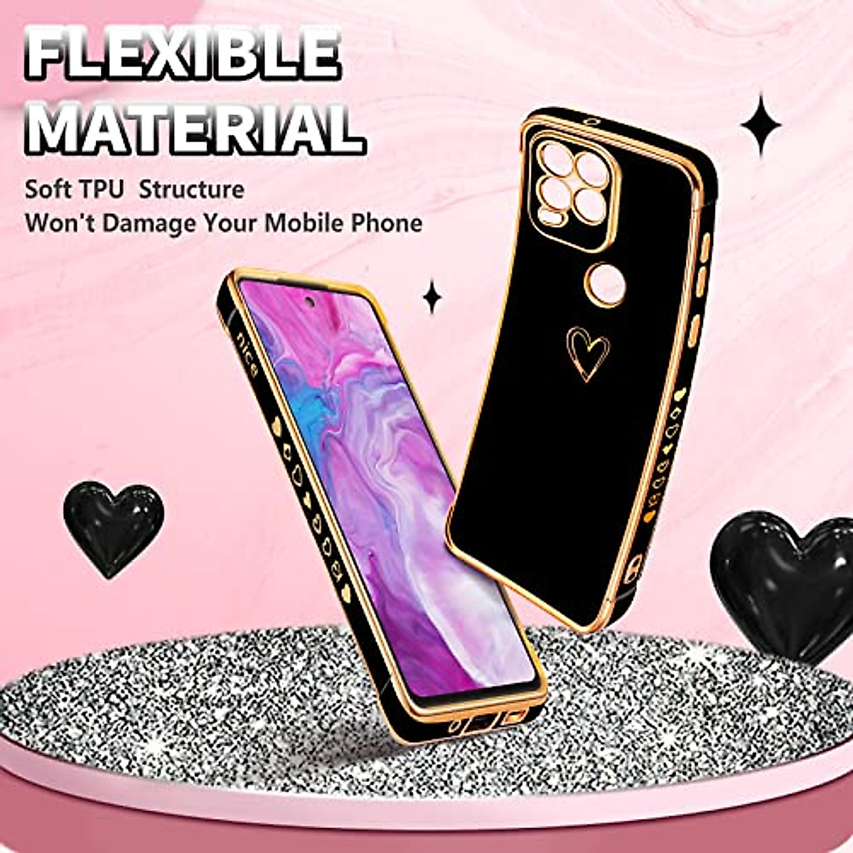 Buleens for Motorola Moto G Stylus 2021 Case for Women Girls, (3 in 1) Cute Hearts Pattern Aesthetic Phone Cases for Moto G Stylus 2021 6.8'', Classy Gold Paint Soft TPU Anti-Drop Cover(Black)