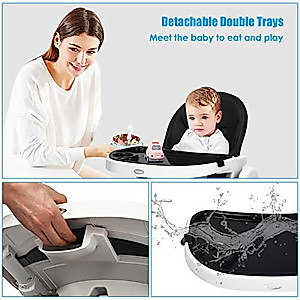 INFANS Foldable High Chair with Large Storage Basket - Adjustable Heights, Recline & Footrest, Removable PU Cushion, Detachable Double Trays, 5-Point Safety Harness for Baby, Infants & Toddlers