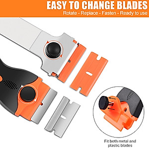 NECAMOCU 3 Pack Razor Blade Scraper, Premium Cleaning Scraper Tool with 60 PCS Metal & Plastic Razor Blades, Multi-Purpose Glass Scraper for Windows, Sticker, Decals, Cooktop, Paint Removal (Orange)