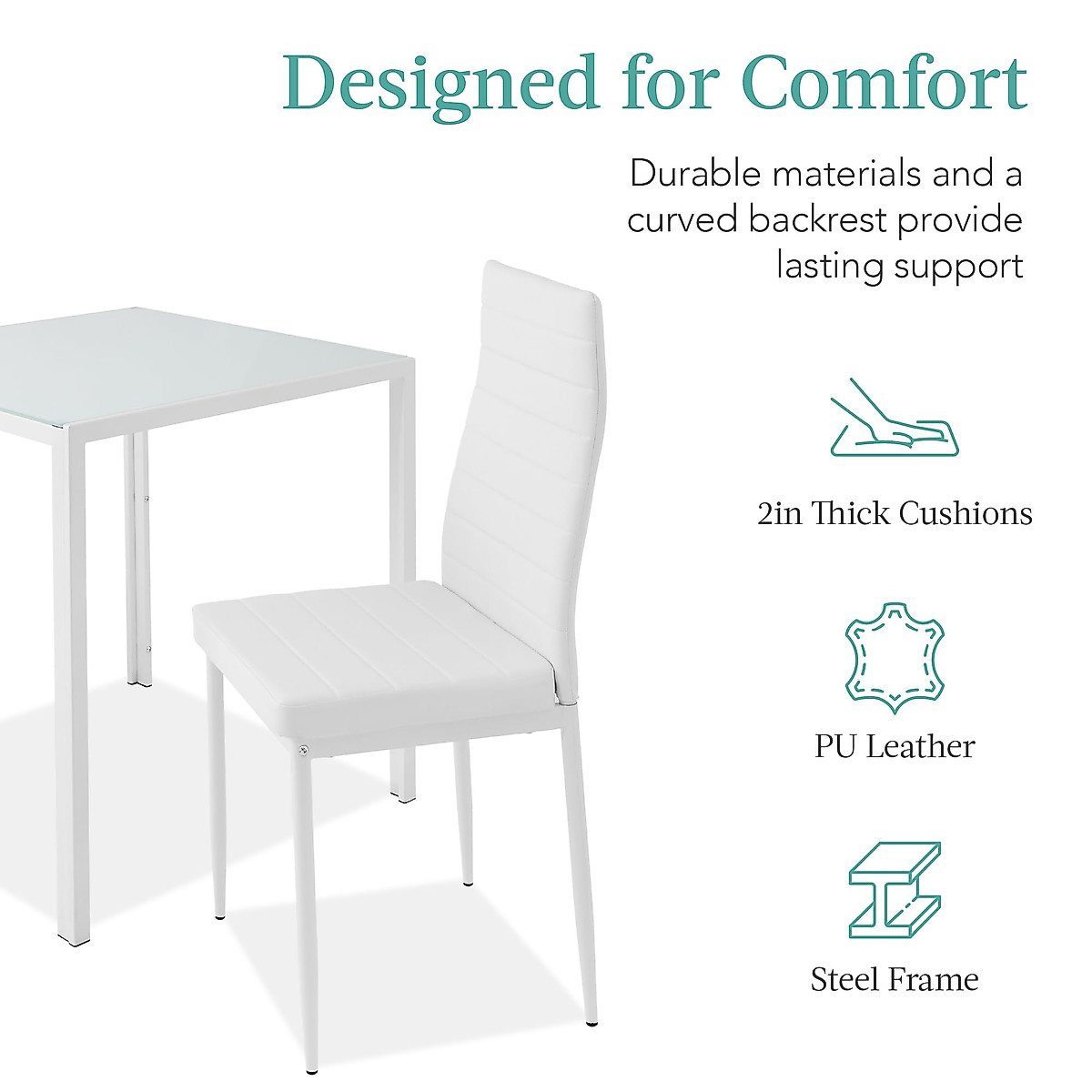 Best Choice Products 3-Piece Glass Dining Set, Modern Kitchen Table Furniture for Dining Room, Dinette, Compact Space-Saving w/Glass Tabletop, 2 Upholstered PU Chairs, Metal Steel Frame - White