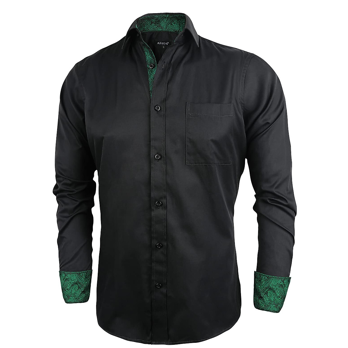 Alizeal Men's Business Slim Fit Dress Shirt Long Sleeve Patchwork Button-Down Shirt, Black and Dark Green-L