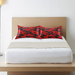 Red Camo Pillow Covers Silk Pillowcase for Hair and Skin Soft and Smooth Cooling Satin Pillowcase Standard Size Pillow Case for Women Bedroom Bed Sleeping (20x30 Inch)
