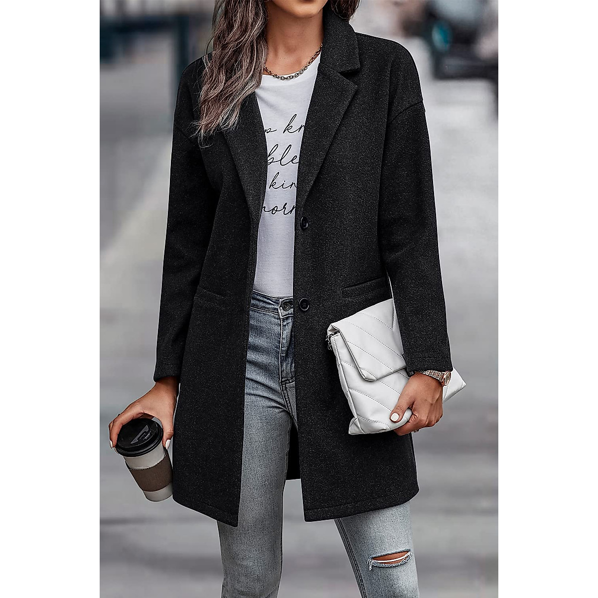 PRETTYGARDEN Women's 2024 Plaid Shacket Jacket Casual Button Wool Blend Winter Tartan Trench Coat With Pockets (Solid Black,Large)