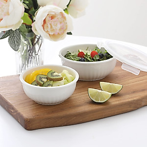 ZEN Pleats Porcelain Serve and Store Airtight Container 14&22oz Bowls Set of 2 (White)