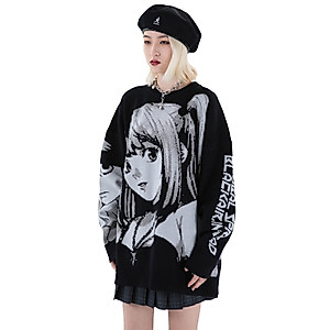 FELLVISHK Anime Girl Figure Sweater Graphic Long Sleeve Oversize Knitwear Sweatshirt Unisex 3D(Black, X-Large)