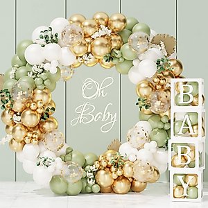 Baby Shower Decorations for Boy Girl - 183pcs Sage Green Balloon Arch Kit and Baby Boxes with Letters for Baby Shower Birthday Jungle Safari Dinosaur Party Supplies