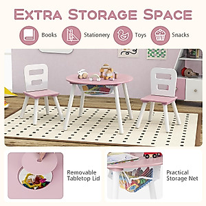 Costzon Kids Table and Chair Set, Wood Activity Table w/Center Mesh Storage, Children Furniture Gift for Boys & Girls, Ideal for Arts, Crafts, Snack Time, Homework, Toddler Table and Chair Set (Pink)