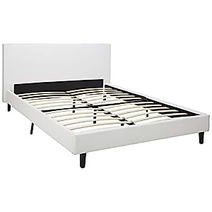 Modway Anya Upholstered White Platform Bed with Wood Slat Support in Queen
