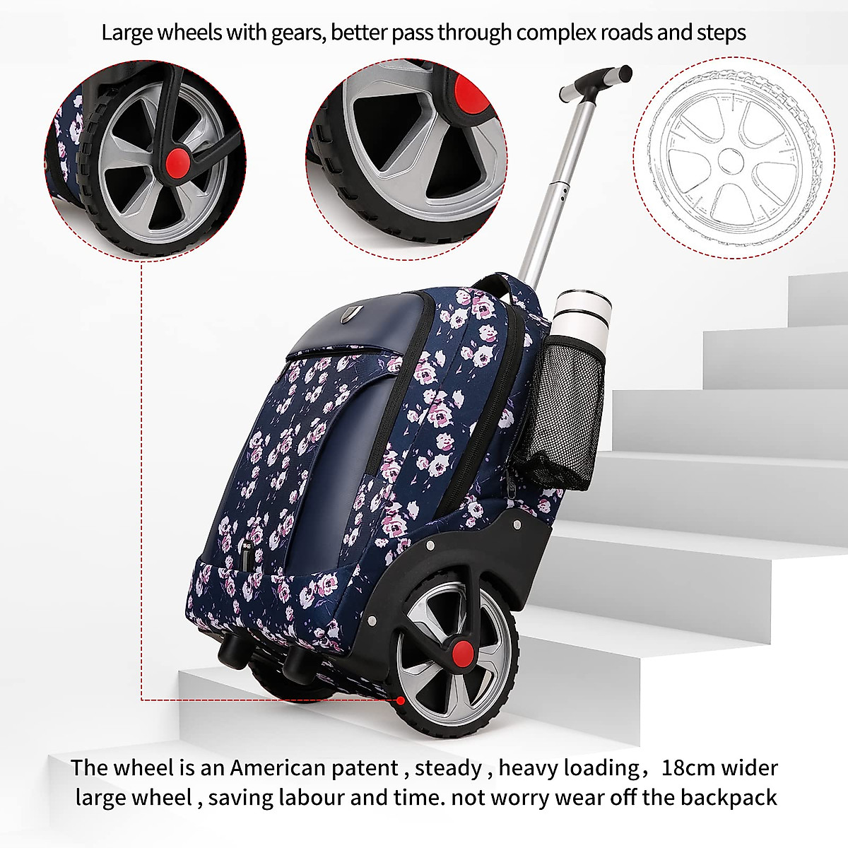 YH&GS Rolling Backpack Floral, Waterproof with Wheels for Business, College Student and Travel Commuter, Carry on Laptop Compartment, Fit 17 Inch Laptop, Wheeled Adults, 20inch