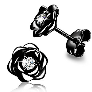 Black Gold Plated Sterling Silver Rose Flower Earring Studs, Hypoallergenic & Nickel Free Earrings for Women
