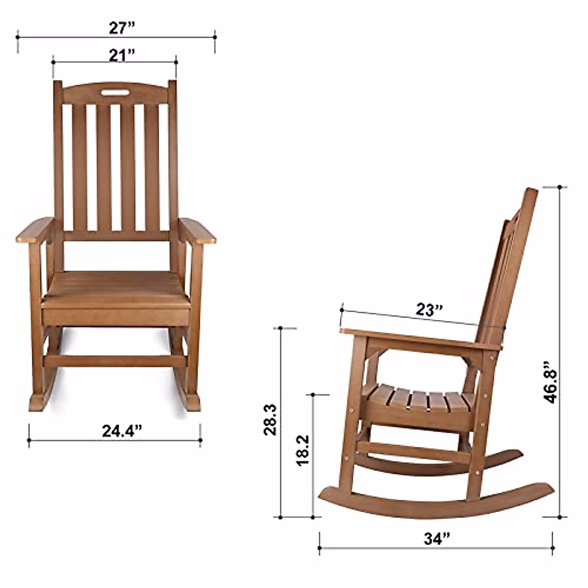 Vaneventi Outdoor Rocking Chair with 350lbs Support, All-Weather Oversized Outdoor Chair, Fade-Resistant Porch Rocker Chair, 34L 27W 46.8H (Brown)