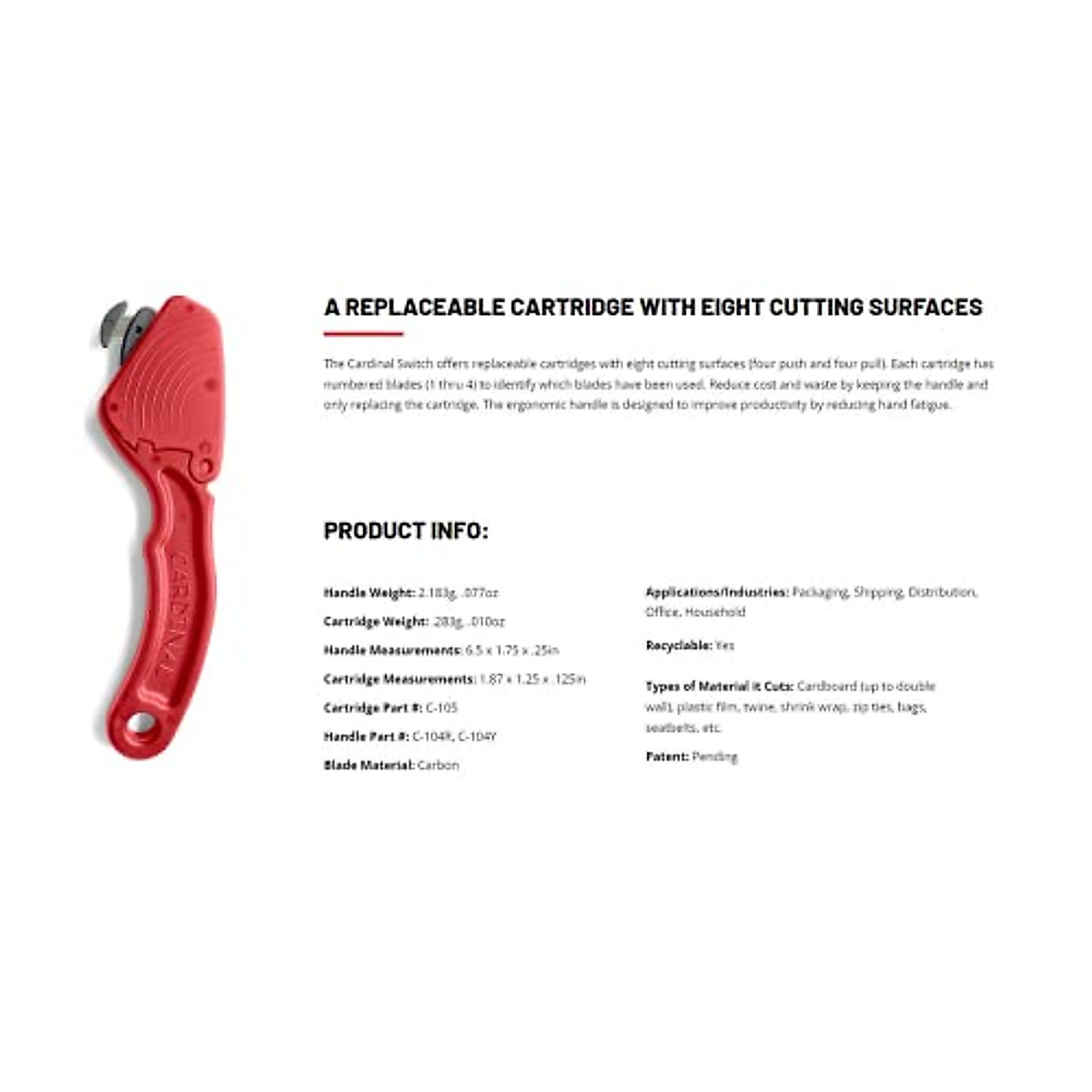 Cardinal Switch Cutter Handle and Switch Dual Wall (HD) Blade Cartridge - Replaceable Blade Cartridge Safety Box Cutter - Cut Cardboard Zip Ties Film Plastic Bands + More (RED) (1)