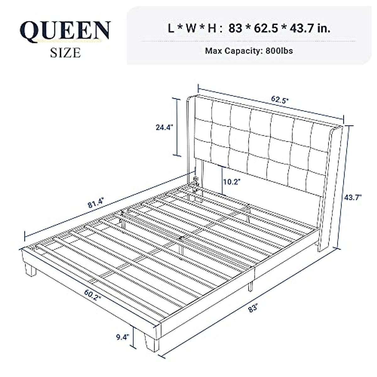 Allewie Queen Size Platform Bed Frame with Wingback/Fabric Upholstered Square Stitched Headboard and Wooden Slats/Mattress Foundation/Box Spring Optional/Easy Assembly, Dark Grey