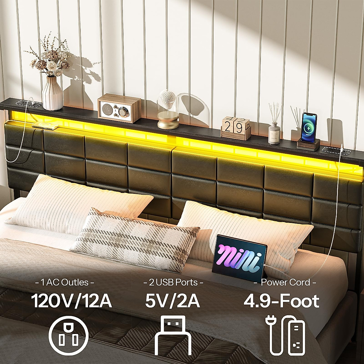 HOOBRO King Size Upholstered Headboard, Storage Rack with Charging Stations and LED Lights, PU Upholstery, Headboard with Open Storage Shelf, Adjustable Height, Sturdy and Stable, Black