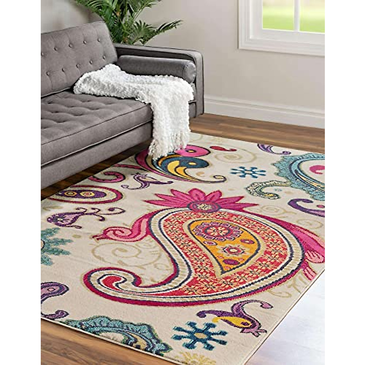 Unique Loom Estrella Collection Colorful, Paisley, Floral, Abstract, Modern Area Rug, 5 x 8 ft, Beige/Pink