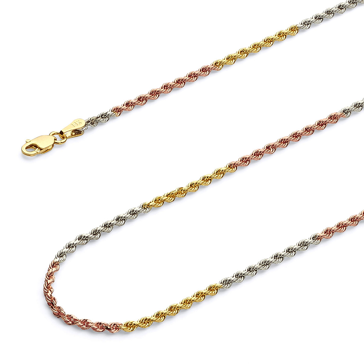 14k REAL Tri Color Gold SOLID 1.5mm Rope Diamond Cut Chain Necklace with Lobster Claw Clasp - 22"