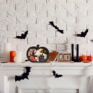 Jocomoni Halloween Wooden Table Sign Lighted Pumpkin Table Centerpiece LED Wood Table Decoration for Trick or Treat Halloween Party Dinner Coffee Table Topper Decor