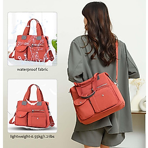 Women Utility Tote Bag Teacher Purses and Handbags for Nurses Waterproof Nylon Multi Pocket Shoulder Bags Work Bag Tote (Orange) Large