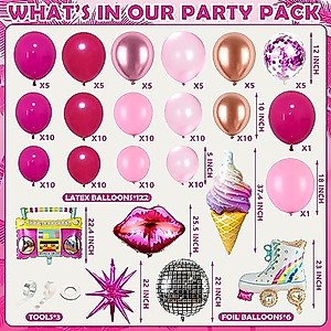 Pink Balloon Garland Arch Kit Hot Pink Rose Gold Metallic Balloons Silver Disco Roller Skate Radio Ice Cream Balloon for Girl's Birthday Party Decorations Pink Princess Doll Theme Party Supplies