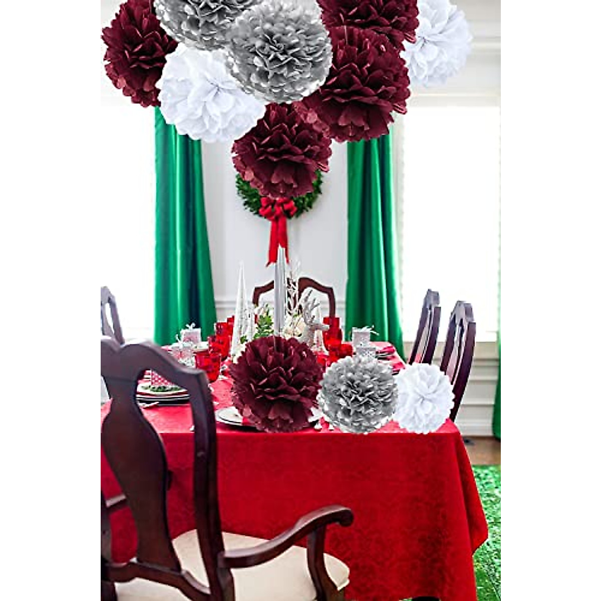 Decorations 2022 Maroon Graduation/Burgundy Silver White Birthday Decorations for Women 40th/50th Birthday 12 Tissue Paper Pom Poms Maroon Burgundy Silver Wedding/Bridal Shower Retirement Decorations