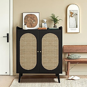Rattan Sideboard Buffet Cabinet, Accent Storage Cabinet with Handmade Natural Rattan Doors, Free Standing Shoe Rack with Rattan Doors, Natural Rattan Shoe Cabinet Organizer for Bedroom (Black)