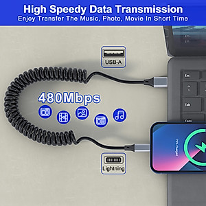 Coiled Lightning Cable Apple Carplay Compatible [Apple MFi Certified] Short USB to Lightning Apple Carplay Cable with Data Sync, Retractable iPhone Charger Cord for iPhone/Pad/Pod