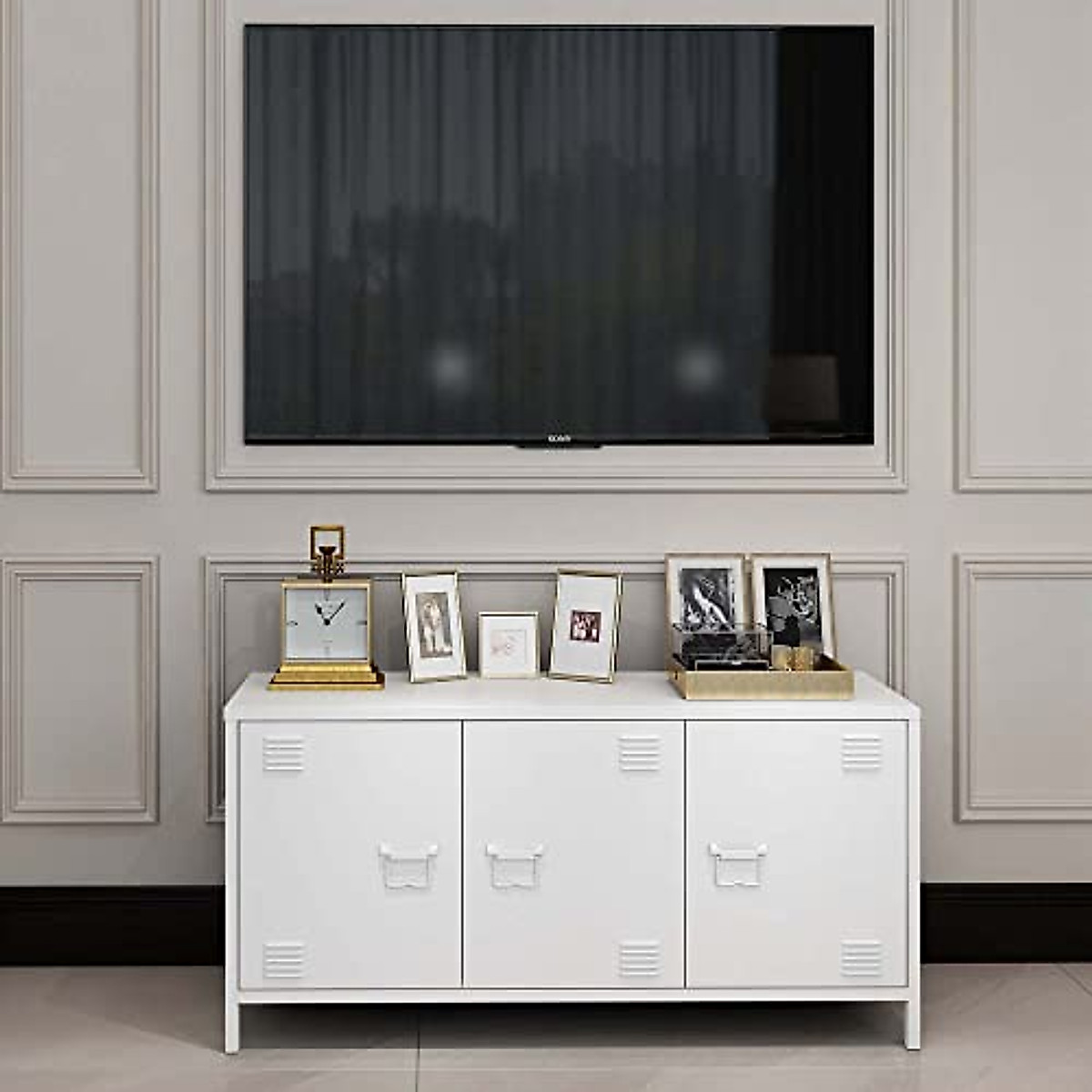 MIOCASA 3 Door Metal Locker TV Cabinet with Shelf Industrial Steel Storage Cabinet TV Stand Entertainment Media Console Table for Living Room,Bedroom, Garage, Office (White)