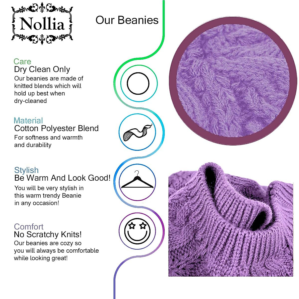 Nollia Soft Knit Solid Color Beanie, Chic, and Lightweight Crochet Knitted Style Beanie Hat for Women, One Size Slouchy Hat Lavender