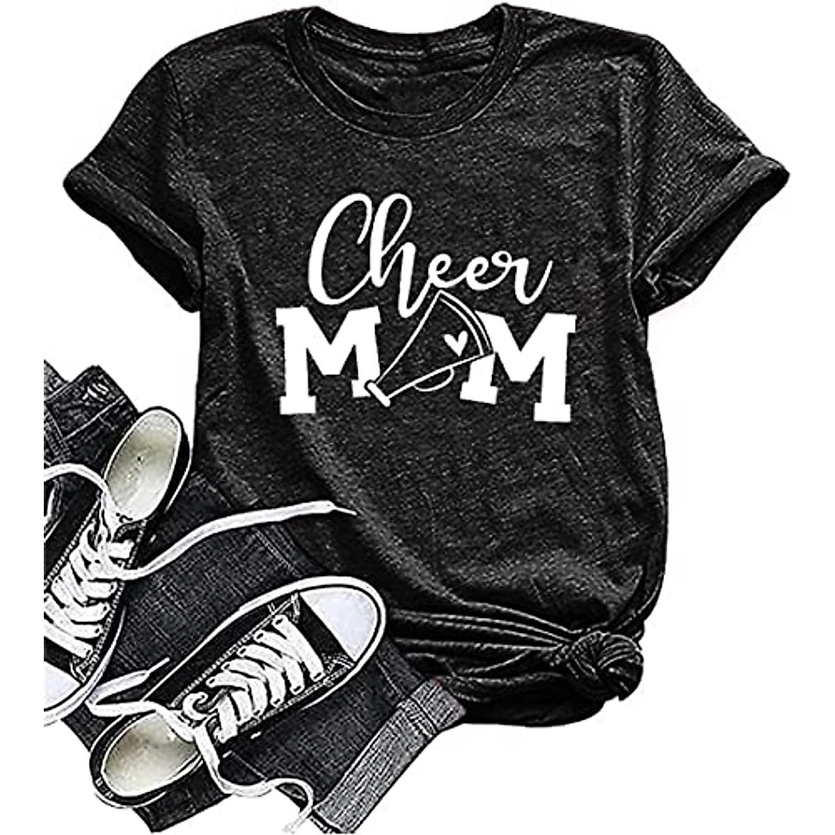 SUPEYA Cheer Mom Shirt for Women Mom Letter Printed T Shirts Casual Short Sleeve Tee Tops Dark Grey