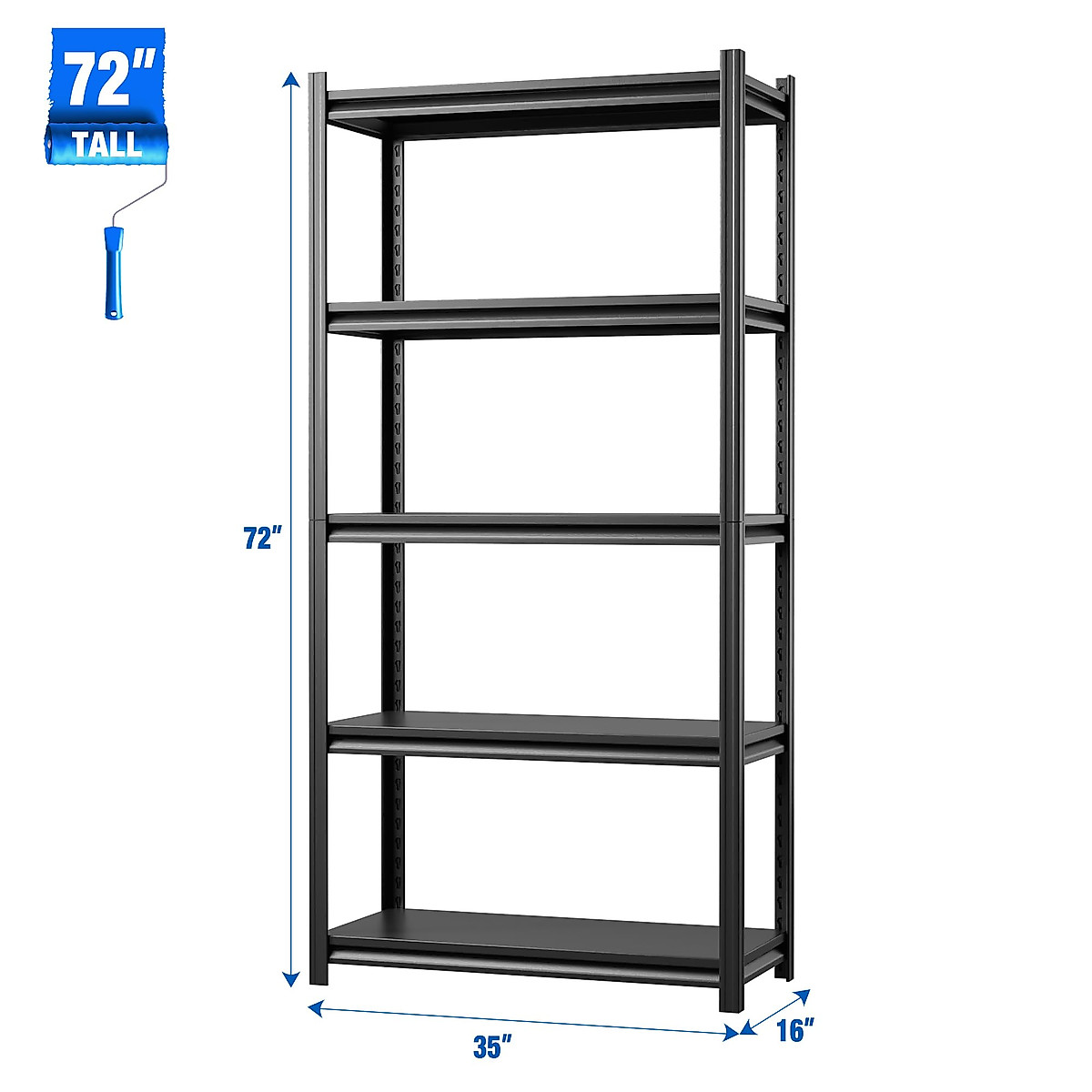 METALYEYE Garage Shelving, 5 Tier Adjustable Metal Shelving, 72"×35"×16", 2500LBS Heavy Duty Storage Shelving for Garage Warehouse, Basement, Industrial Utility Yard, Black (5-Tier)