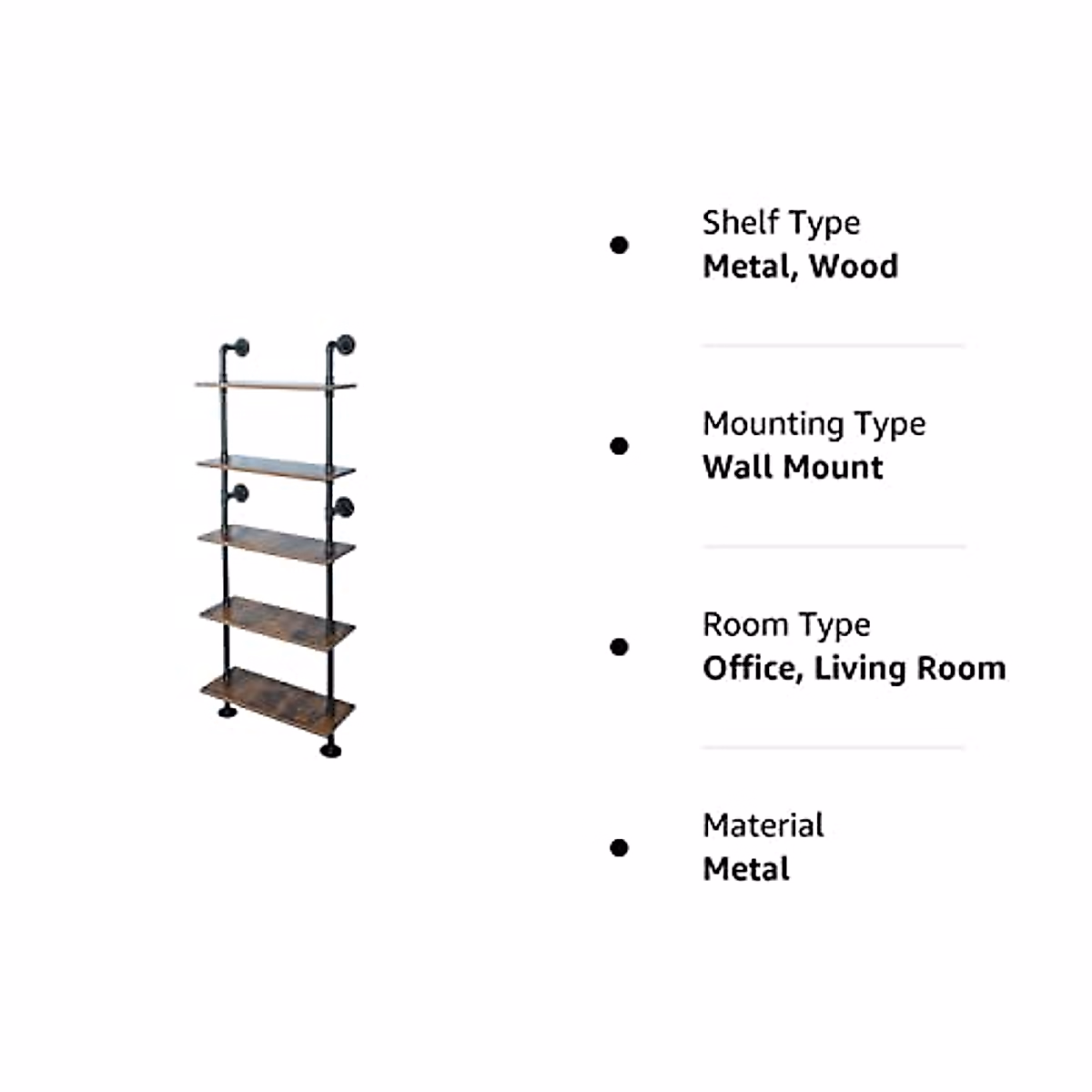 HEONITURE 5 Shelf Industrial Pipe Shelving, Black Modern Bookcase Bookshelf, Wall Mount Ladder Shelf with Metal Frame Display Selves